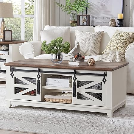 Amazon.com: OKD 48'' Coffee Table with Storage & Sliding Barn Doors ...