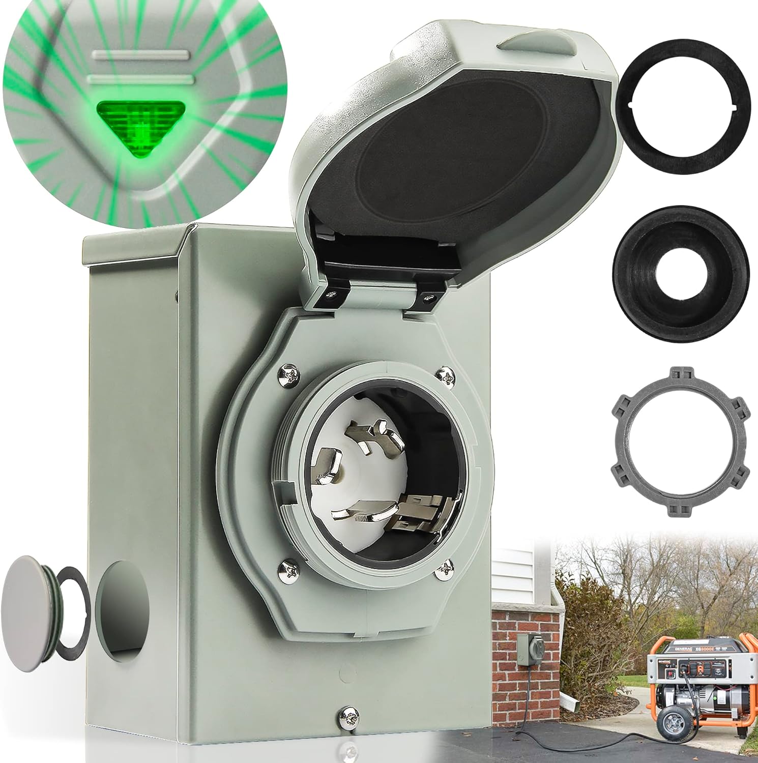 50 Amp Generator Inlet Box [Pre-Drilled] with Green Safely Light, NEMA ...