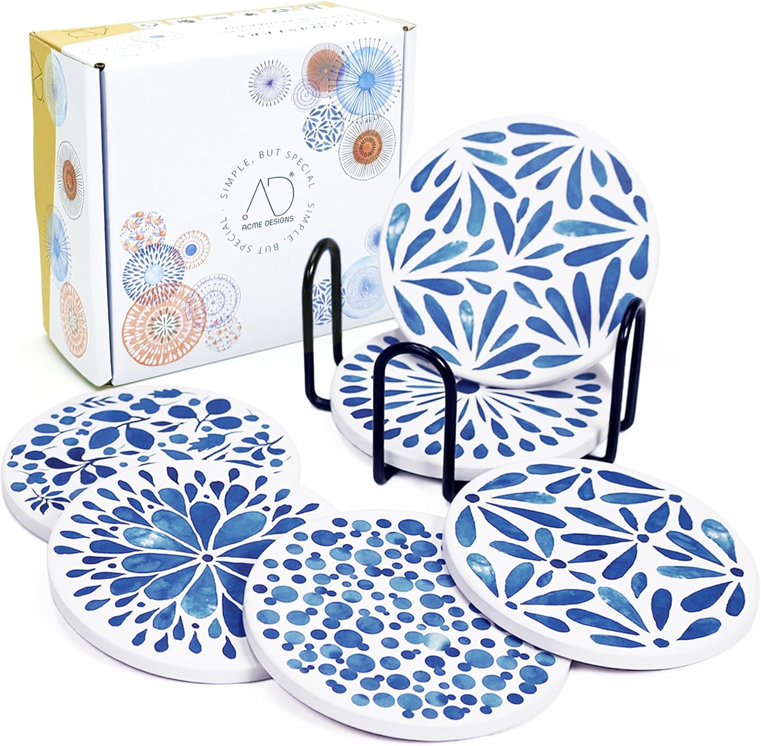 Amazon.com: AD Set of 6 Coasters for Drinks Absorbing Round Ceramic ...