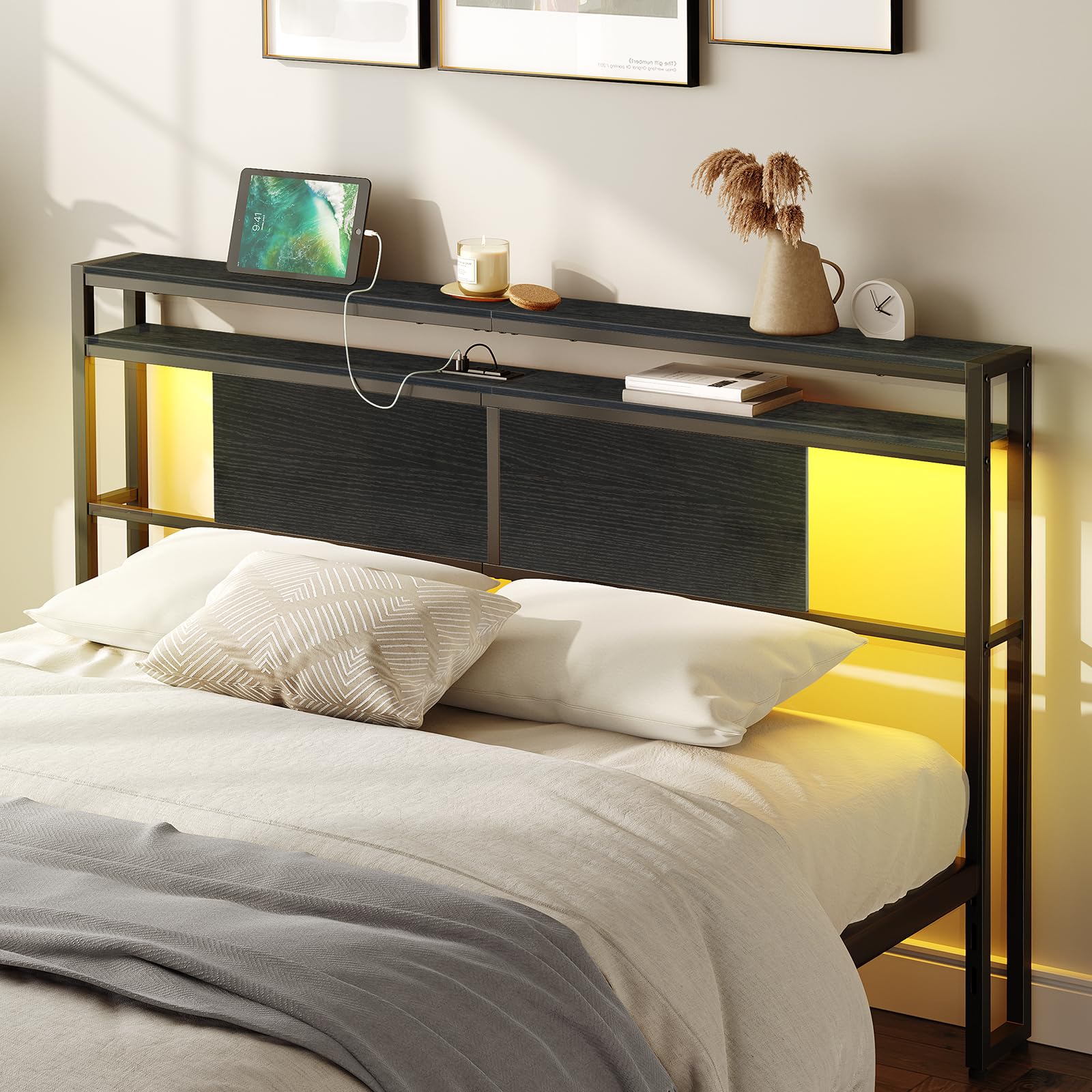 YATINEY Queen Size Headboard, Storage Rack with LED Light and 2 Outlets ...