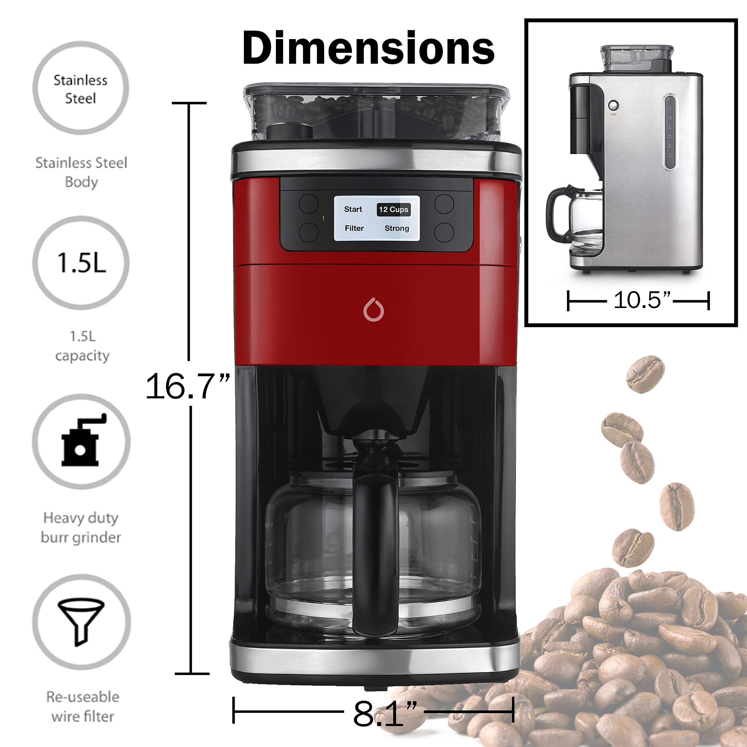 Smarter Smart iCoffee Brew Coffee Maker in Red with Built-in Grinder ...