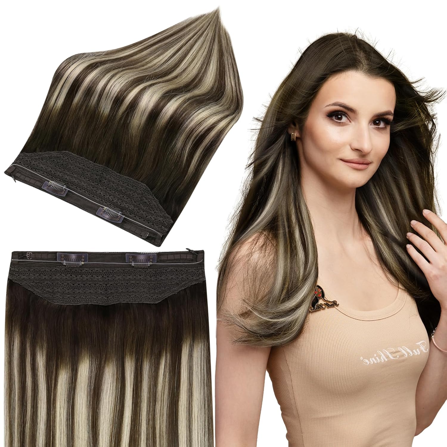 Amazon.com : Full Shine Wire Hair Extensions Brown 20 Inch Invisible ...