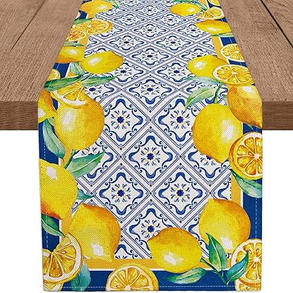 Amazon.com: WHOMEAF Capri Blue Lemon Table Runner Italy Tile Burlap ...