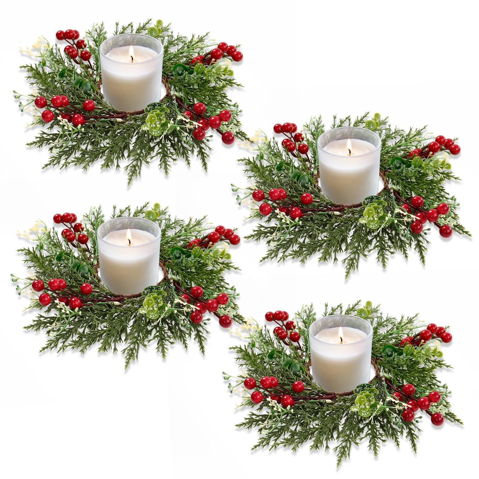 SOMYTING 4pcs Christmas Candle Rings,27cm Artificial Red Berries Snowy ...