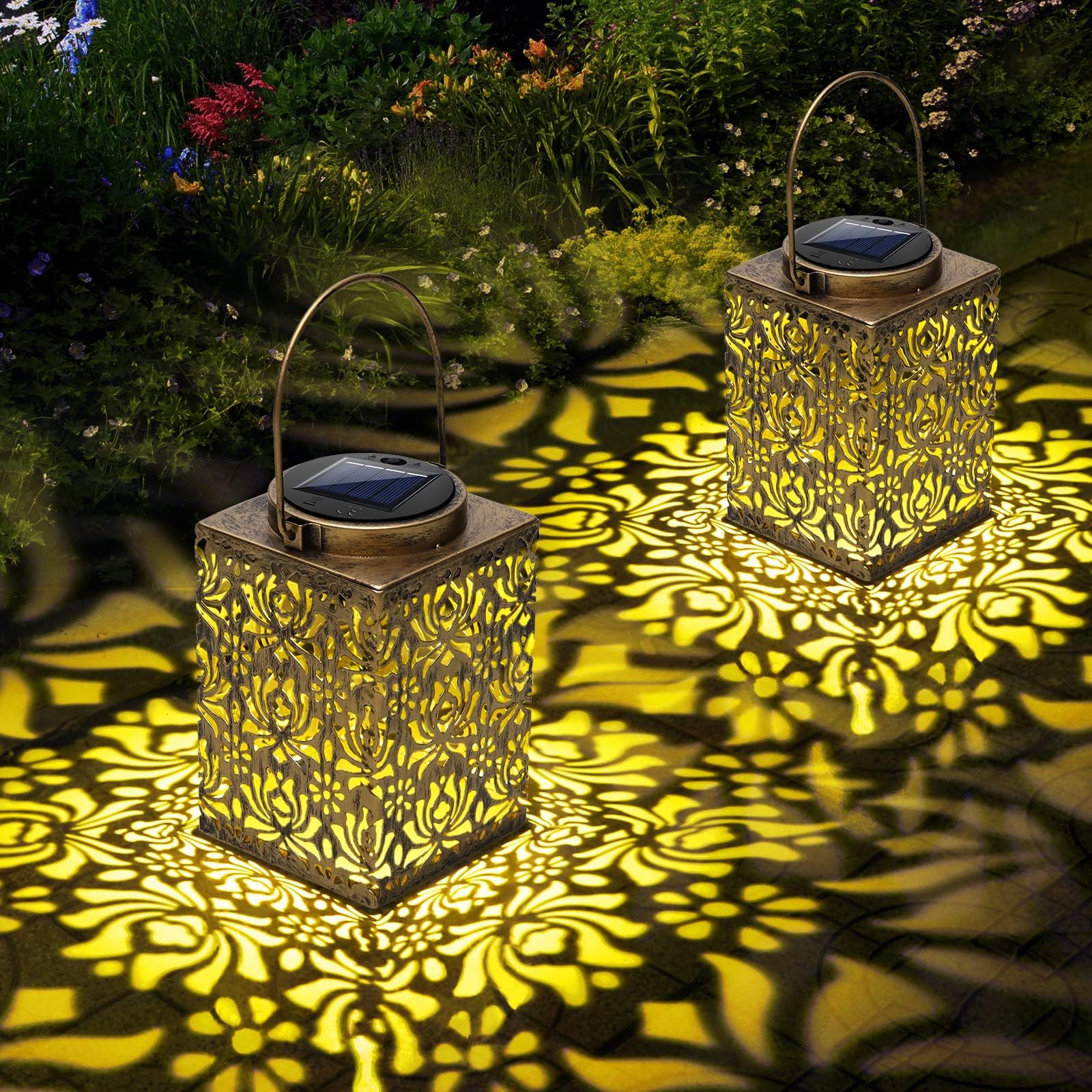 Plow & Hearth Gold Firefly Solar Lantern with String Lights| Warm White ...