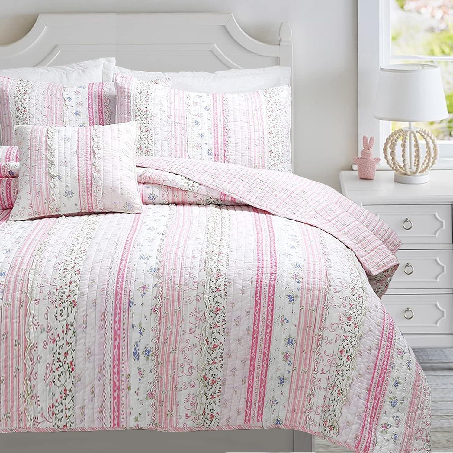 Amazon.com: Cozy Line Home Fashions Pink Flower Lace Ruffle Stripe ...