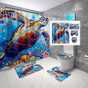 Amazon.com: Sea Turtle Bathroom Set - 4 Piece With Shower Curtain, Rugs ...