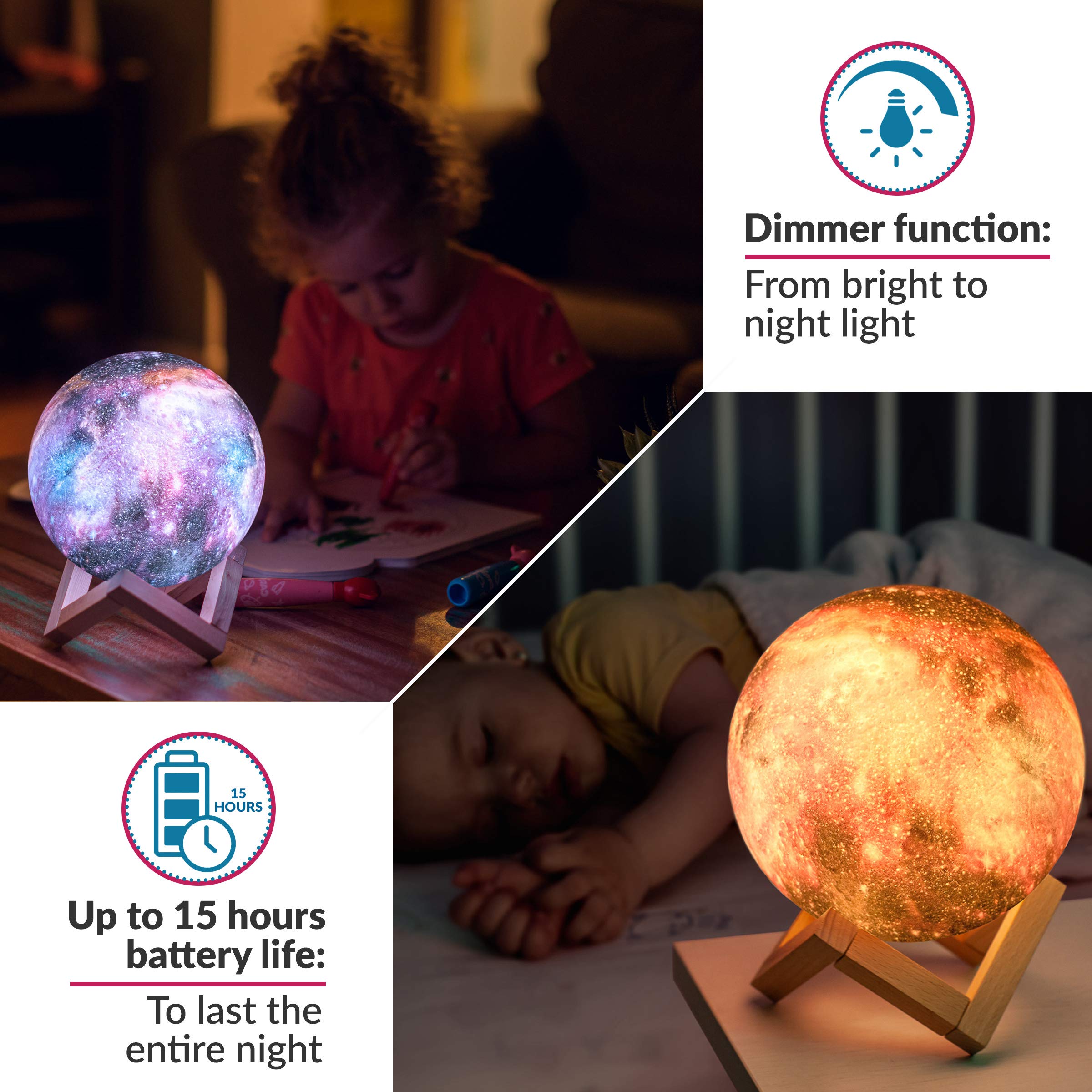 Buy 3D Galaxy Moon Lamp by Mind-glowing - Cool Night Light for Kids - 4 ...
