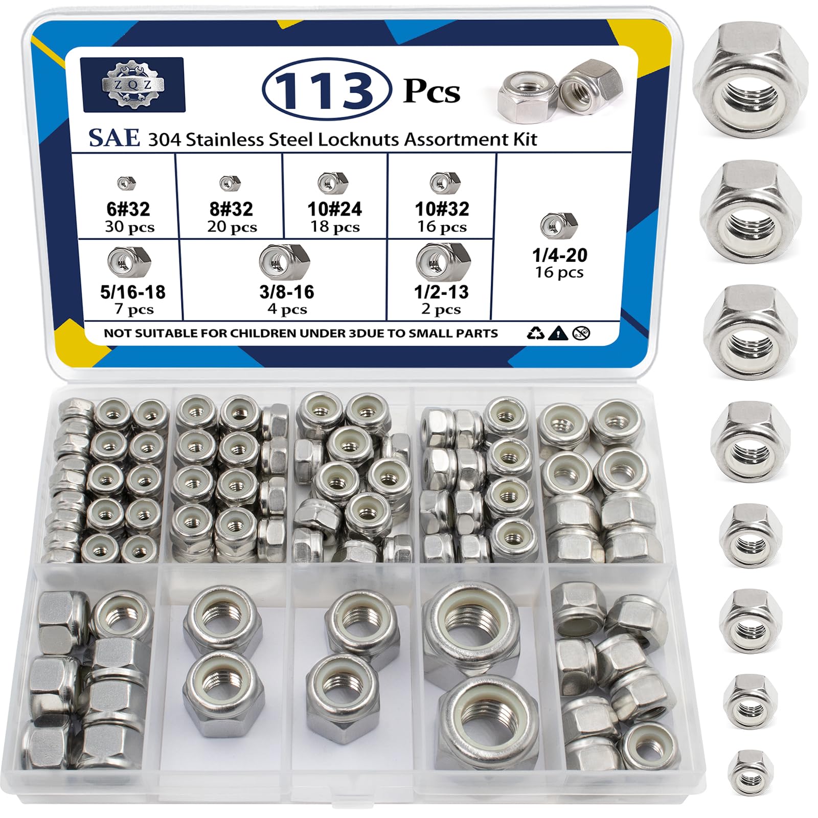 ZQZ 113 Pack Lock Nuts Assortment Kit,6#32 8#32 10#24 10#32 5/16"-18 3/ ...