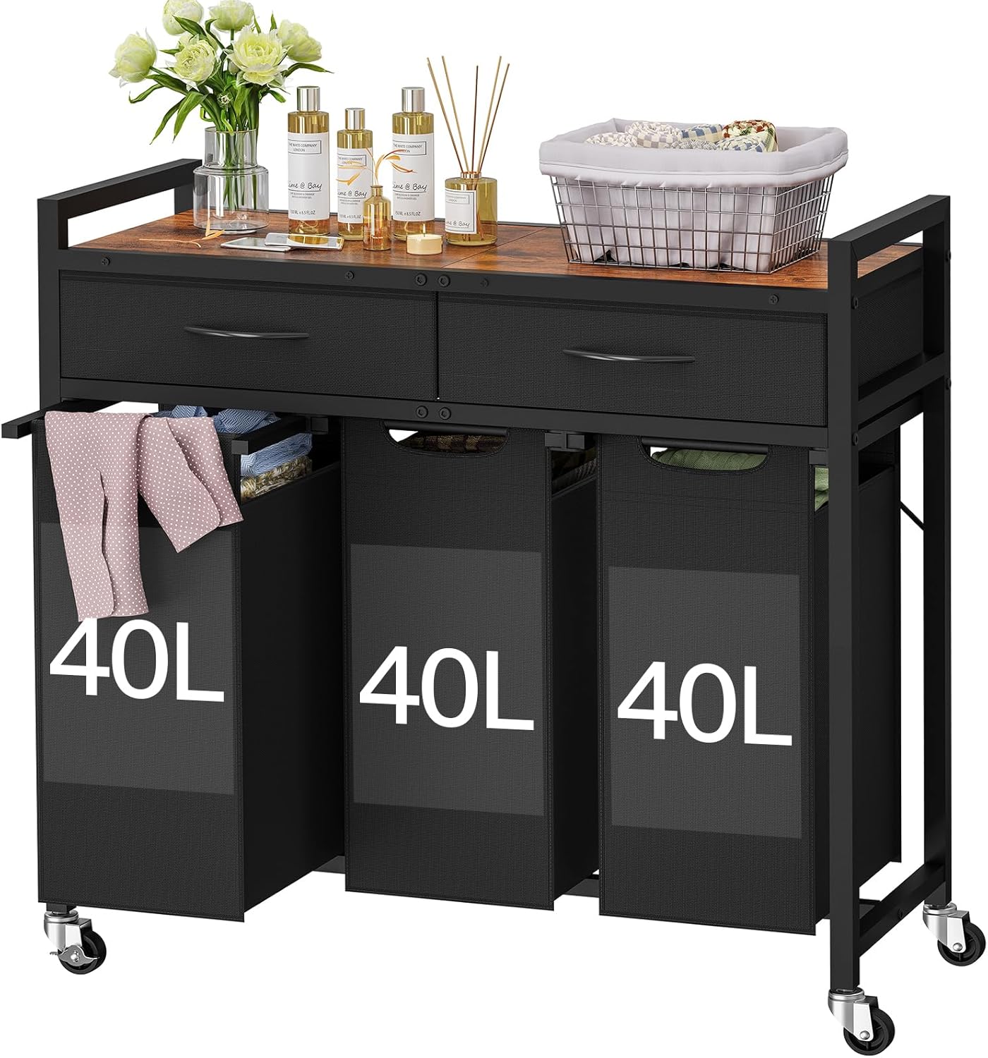 FIONESO 3 Section Laundry Hamper, 120L Laundry Room Organizer with 2 ...