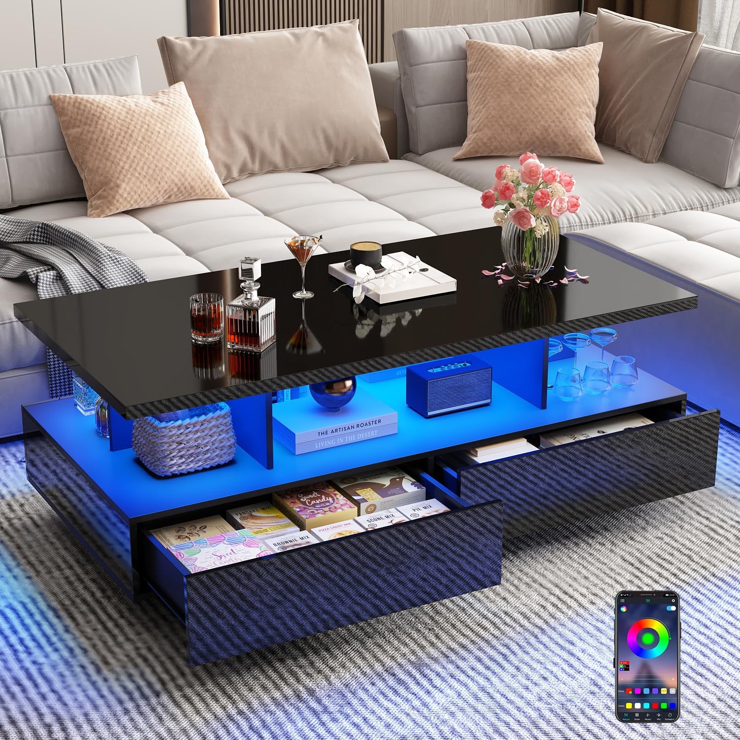 Amazon.com: Square Coffee Table, Modern High Gloss Black Coffee Table ...