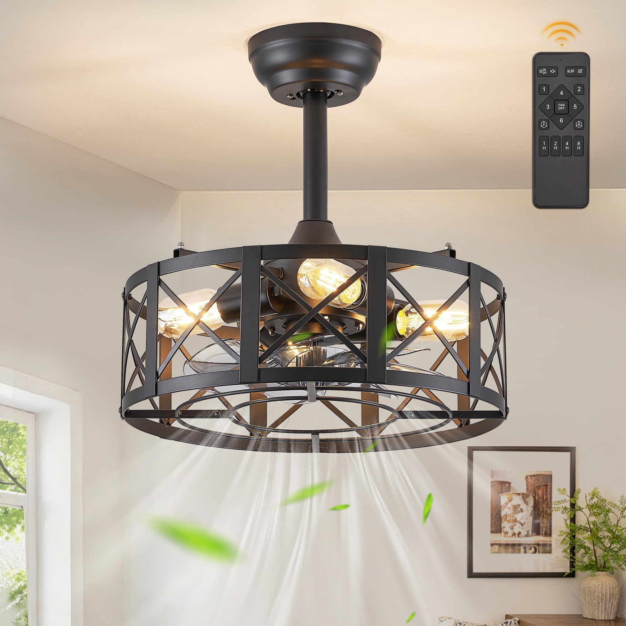 PAZALA Caged Ceiling Fans with Lights and Remote Flush Mount, Retro ...