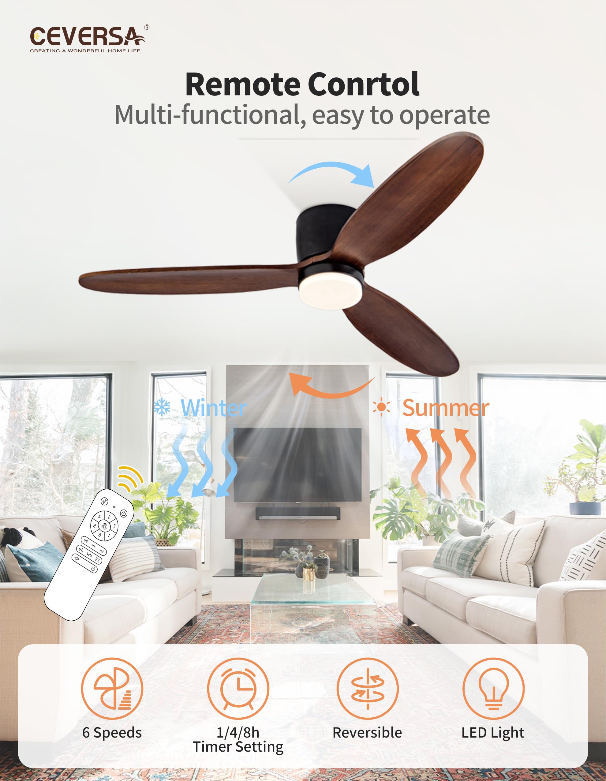 Snapklik.com : Ceversa 52 Inch Flush Mount Ceiling Fan
