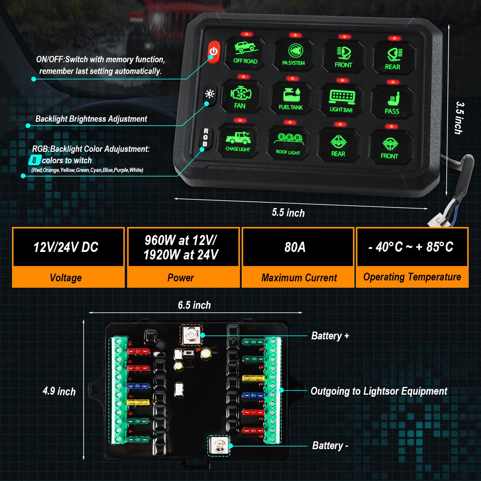 Snapklik.com : 5.5" RGB 12 Gang Switch Panel,12V 24V Switch Panel