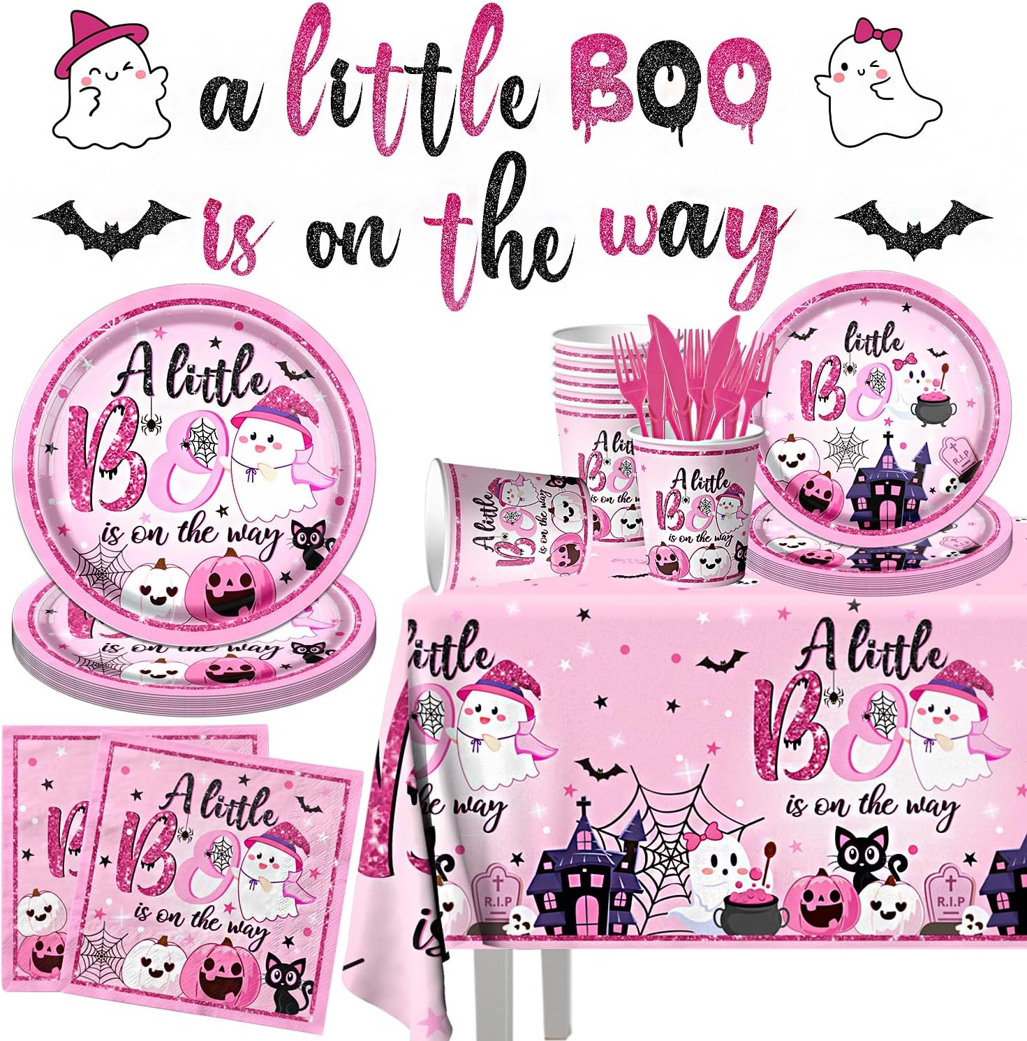 Amazon.com: 142pcs A Little Boo is On The Way Tableware Decorations ...