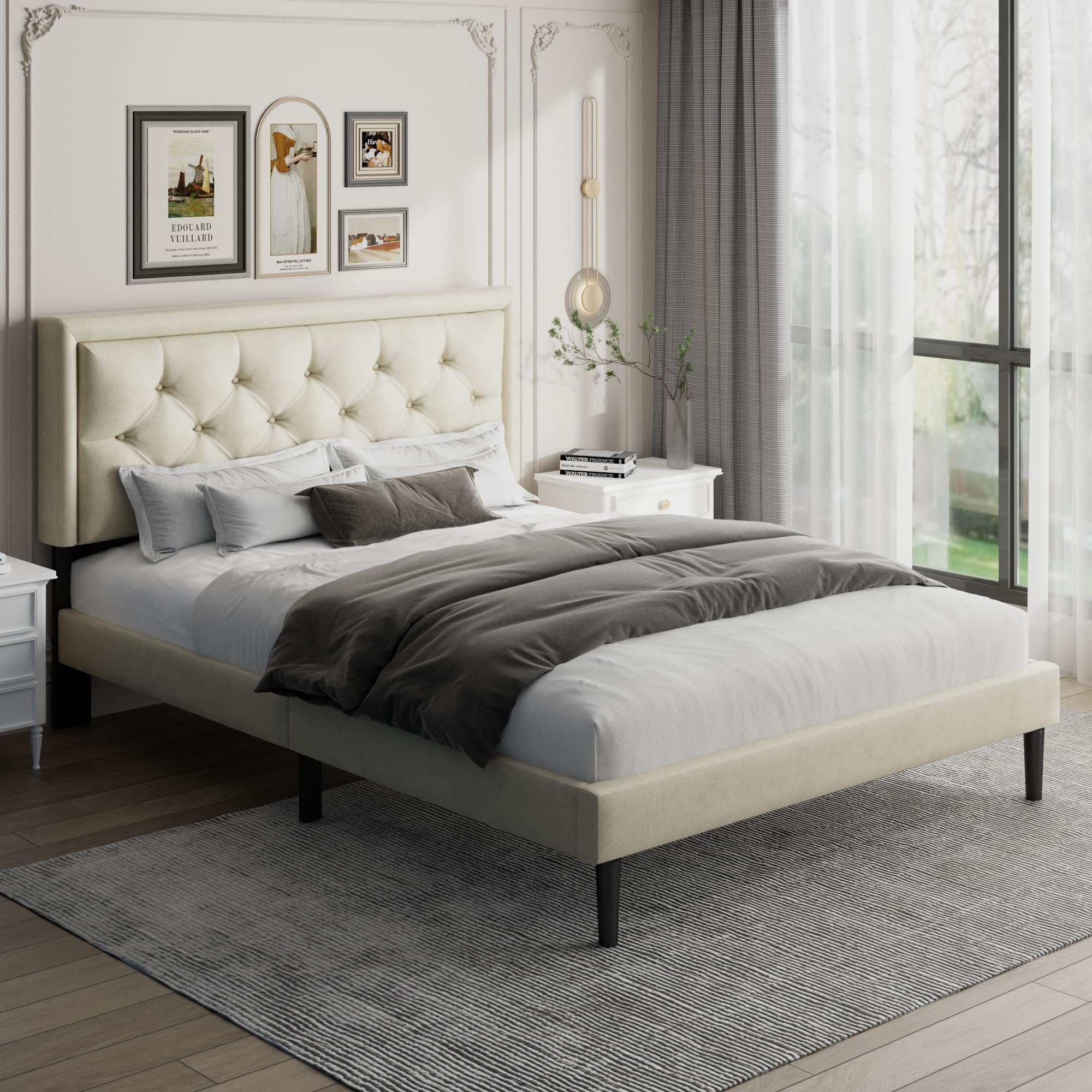 Queen Size Bed Frame with Velvet Button Tufted Headboard, Modern ...