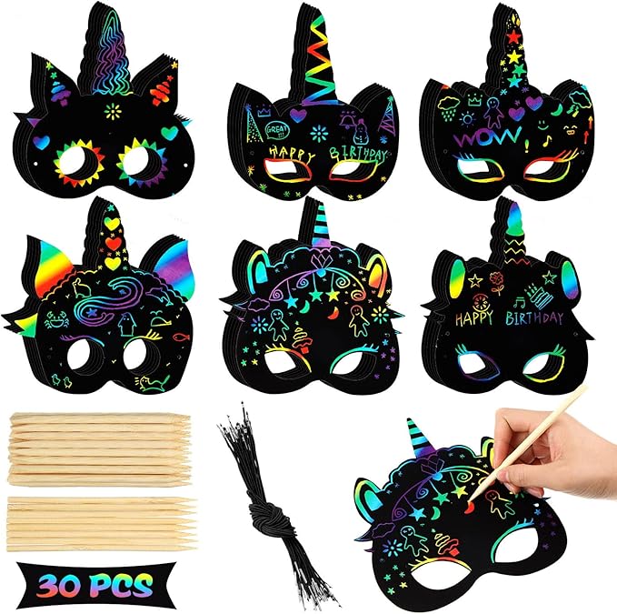 Amazon.com: 30 Pcs Unicorn Scratch Mask Rainbow Paper Art Mask, Wooden ...