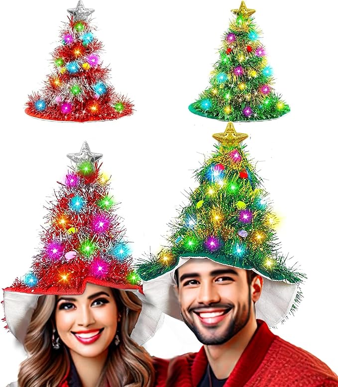 Amazon.com: Aovaely 2 Pack LED Christmas Tree Hats Santa Hat with ...