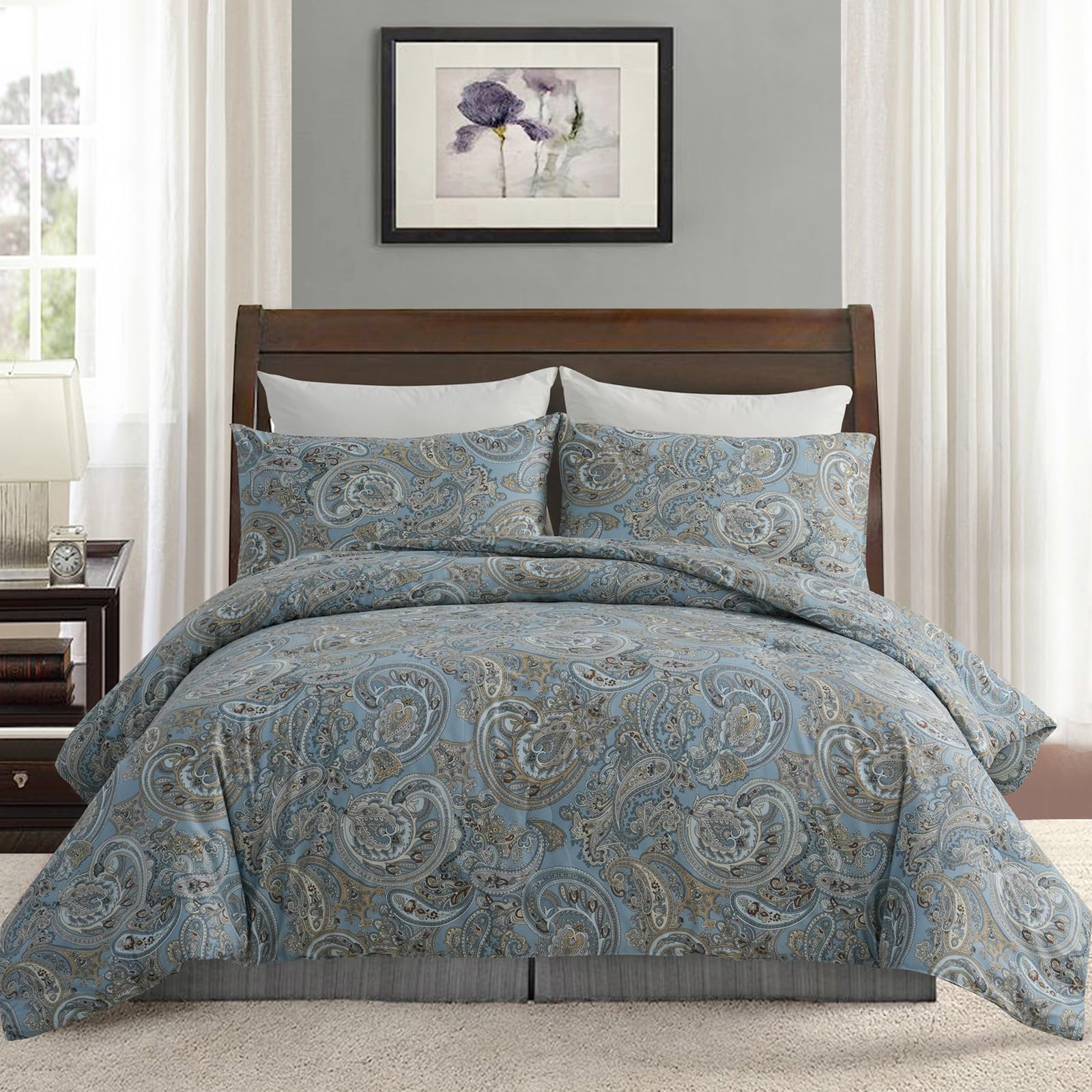 Amazon.com: Cozaline Blue Paisley Comforter Set Queen, 100% Cotton Boho ...