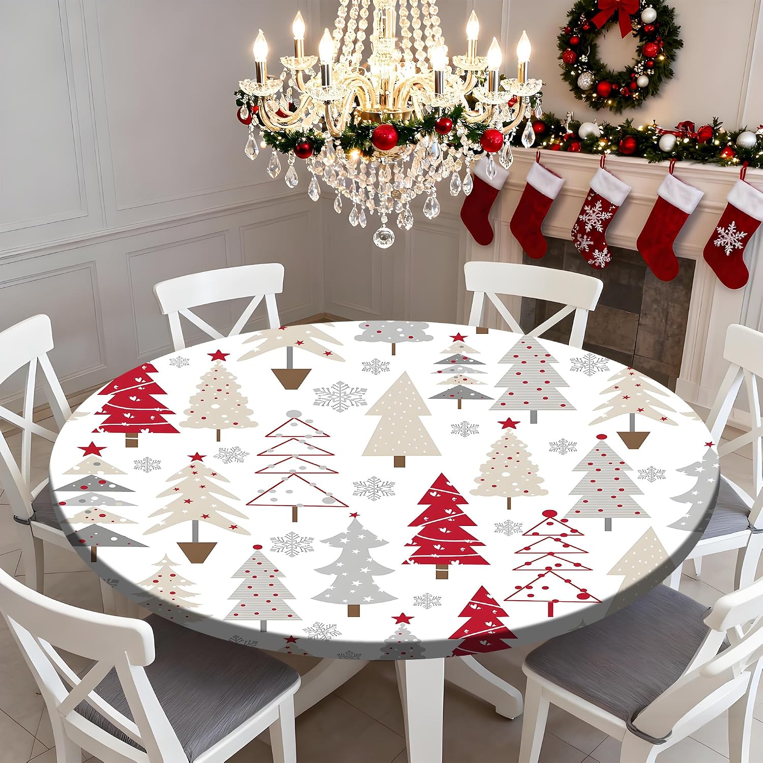 Amazon.com: Round Christmas Tablecloth with Elastic Edge, Xmas Tree ...