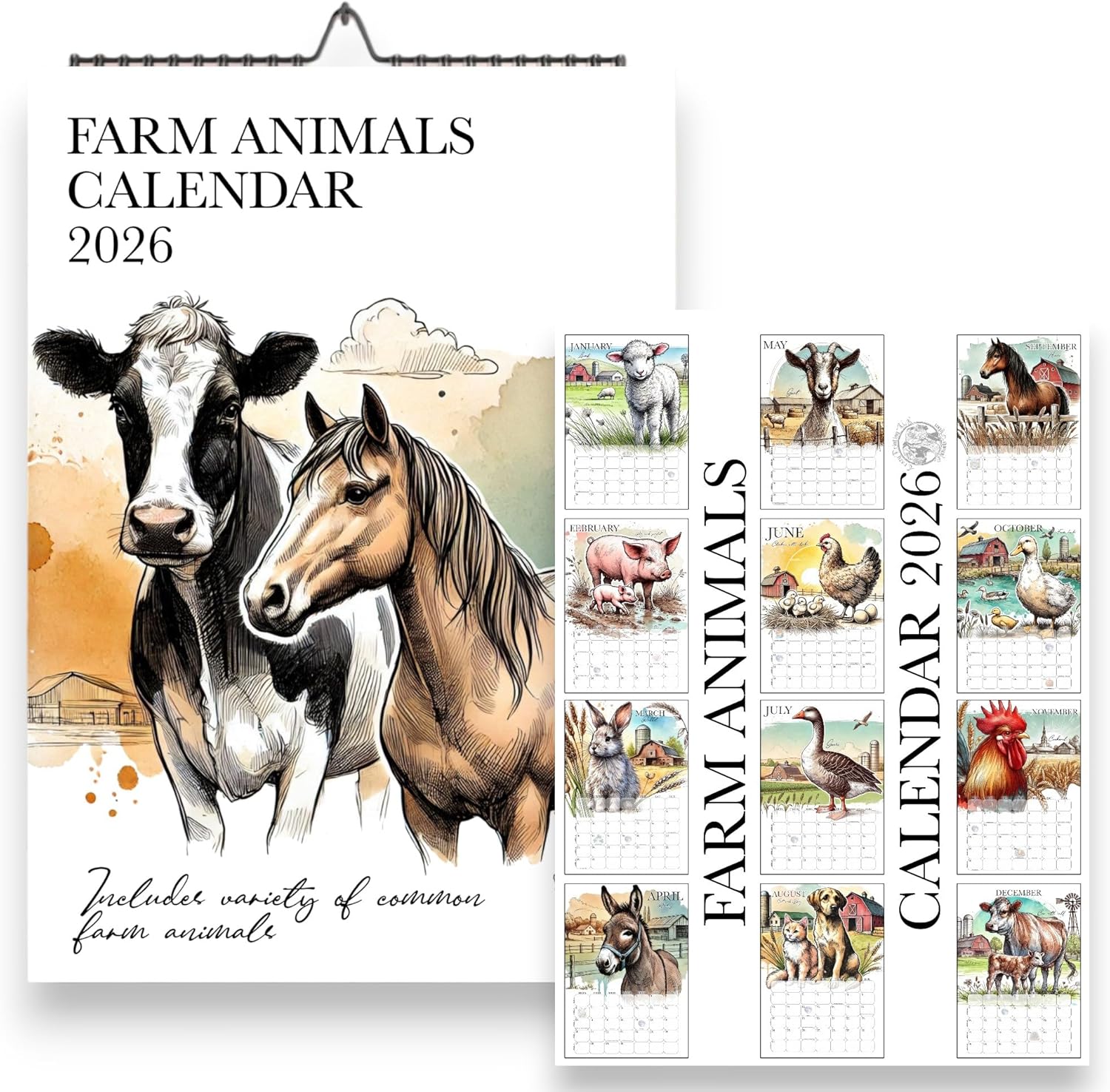 2026 Farm Animals Wall Calendar, A4 Size, Monthly Format with UK & US ...