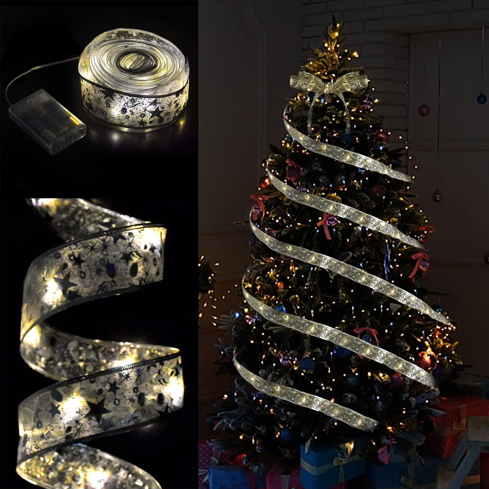 Christmas Ribbon Lights 16ft 50 LED Fairy Lights Battery Operated ...