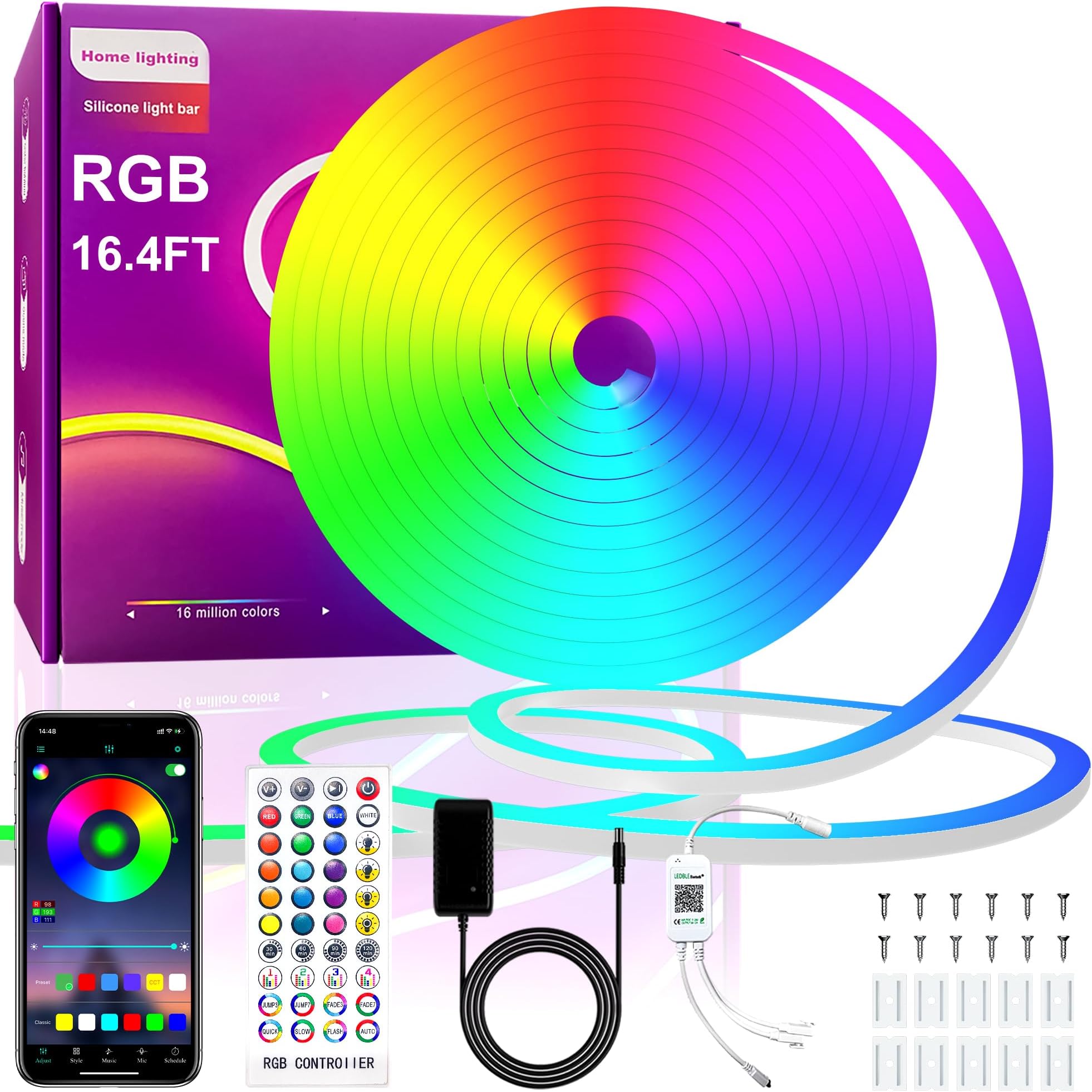 WIFI RGBIC Neon Rope Light: 5M 300LED WiFi Neon LED Strip Light 12V ...