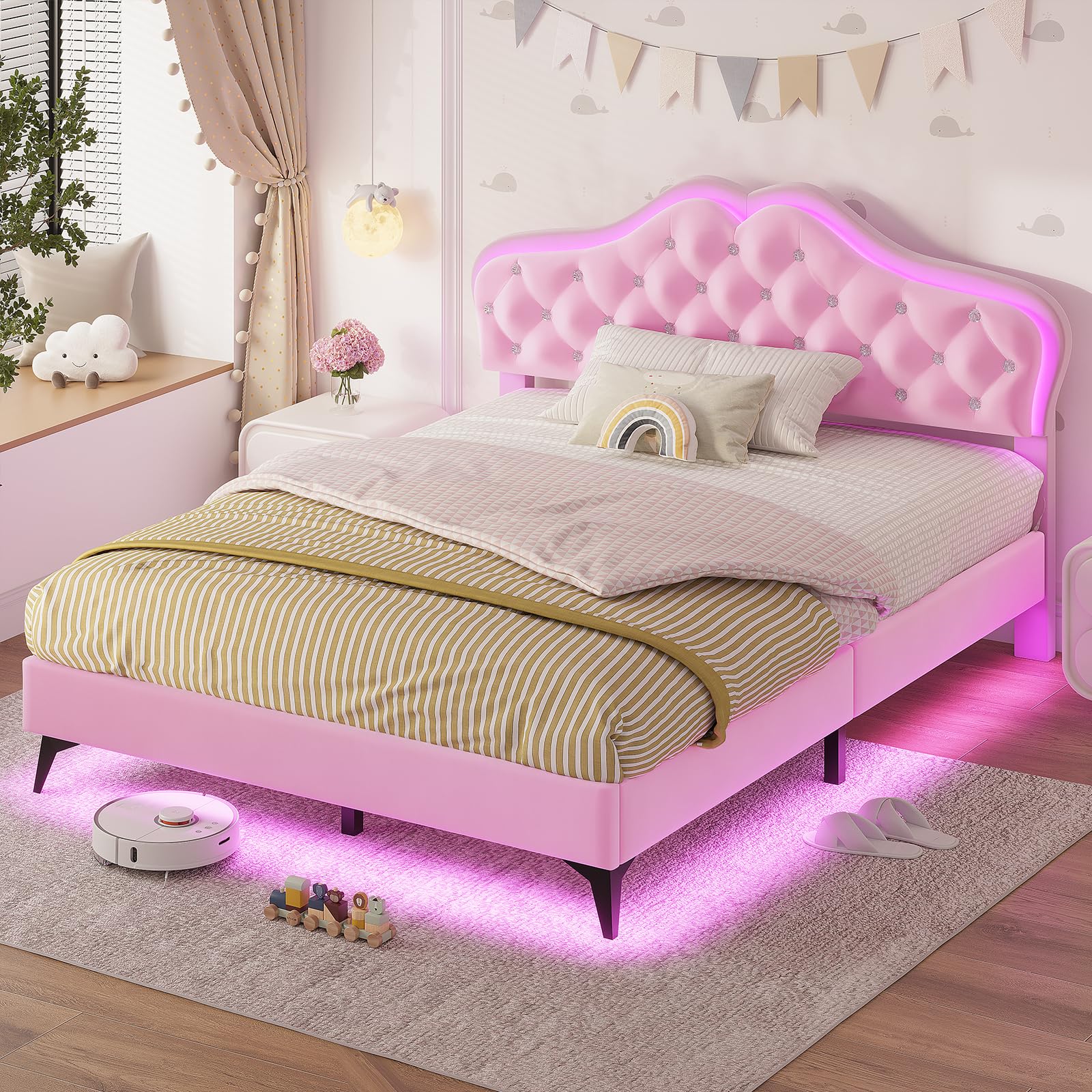 Amazon.com: ADORNEVE Full Size Upholstered LED Bed Frame, Girls Bed ...
