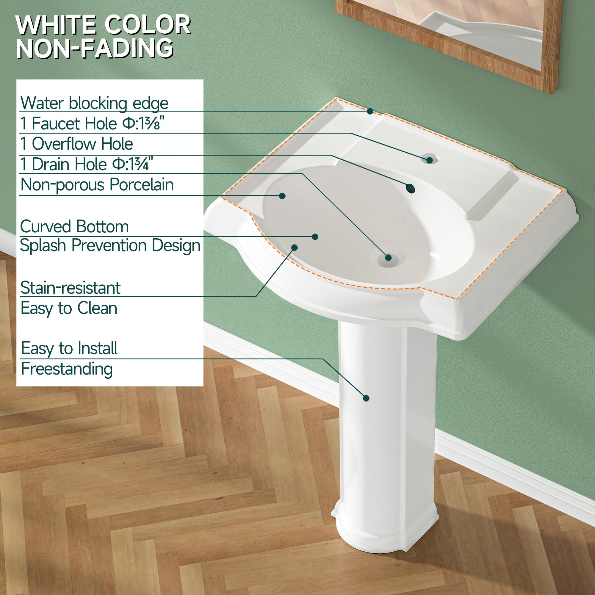 Snapklik.com : Miuara Pedestal Sink 24 Inch -1 Hole Classic Vintage ...