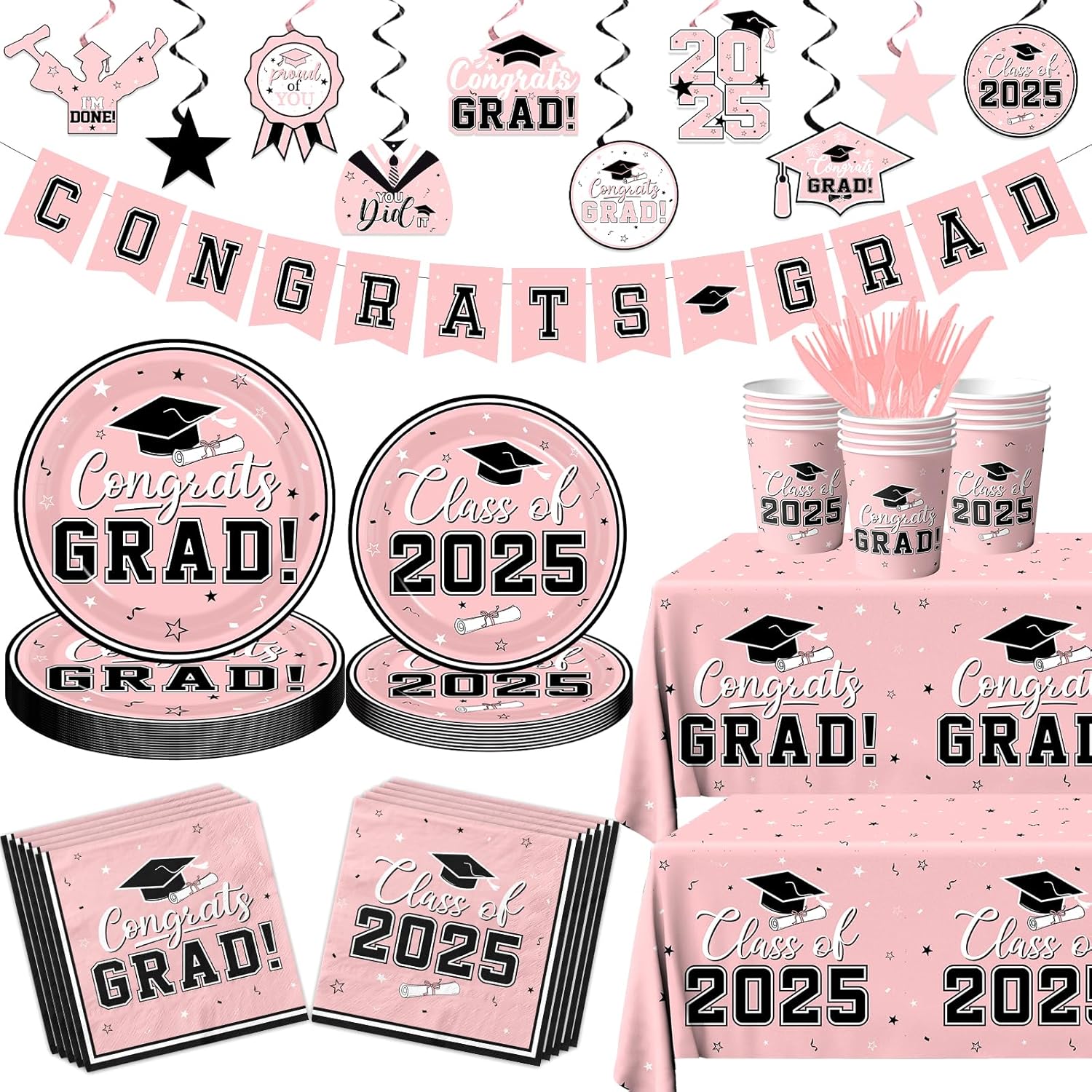 Amazon.com: Pink Graduation Decorations 2025, Graduation Paper Plates ...