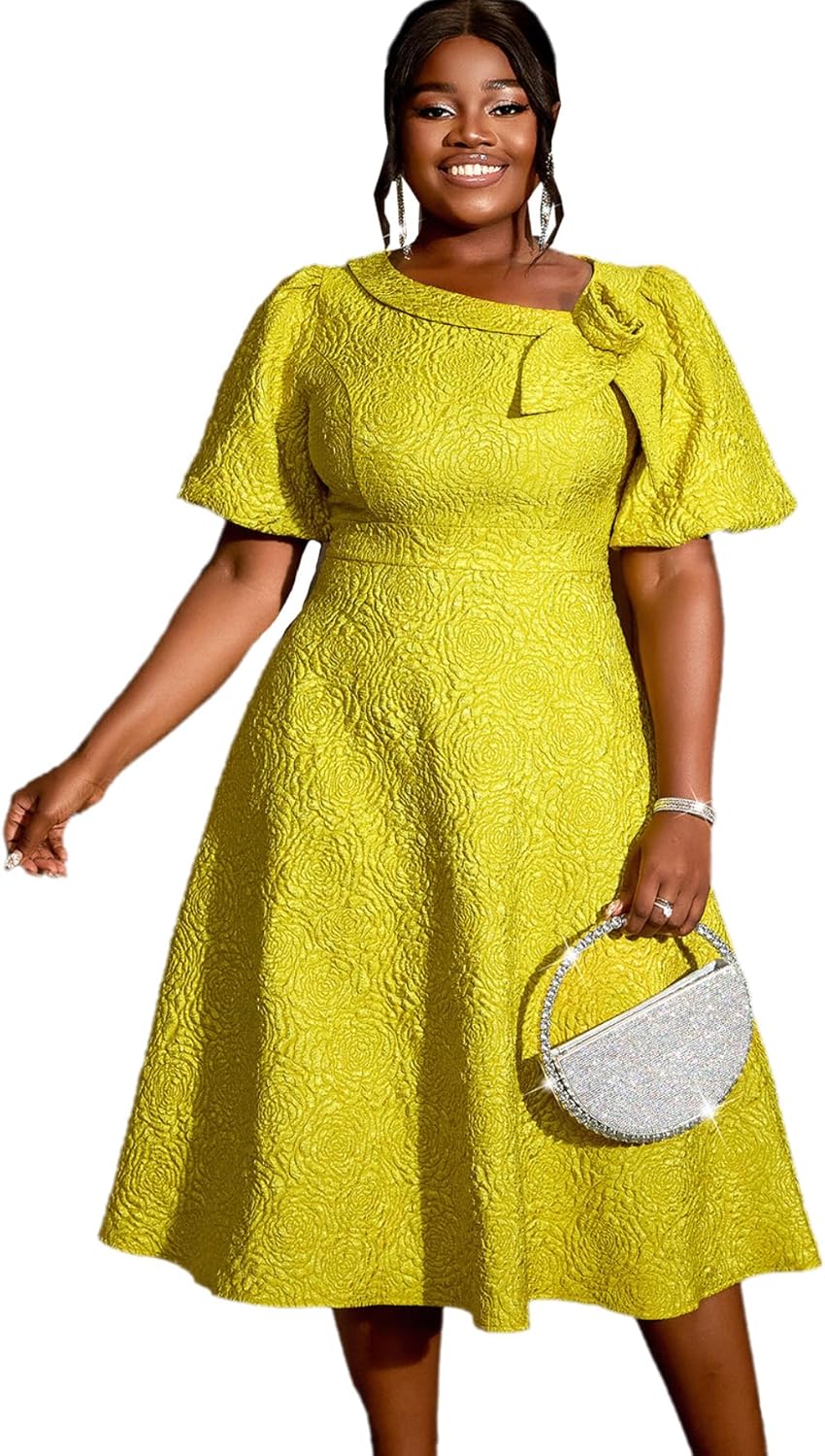 AOMEI レディース イレギュラーネック フラワーショートパフスリーブ ハイウエスト Aライン ジャガードドレス