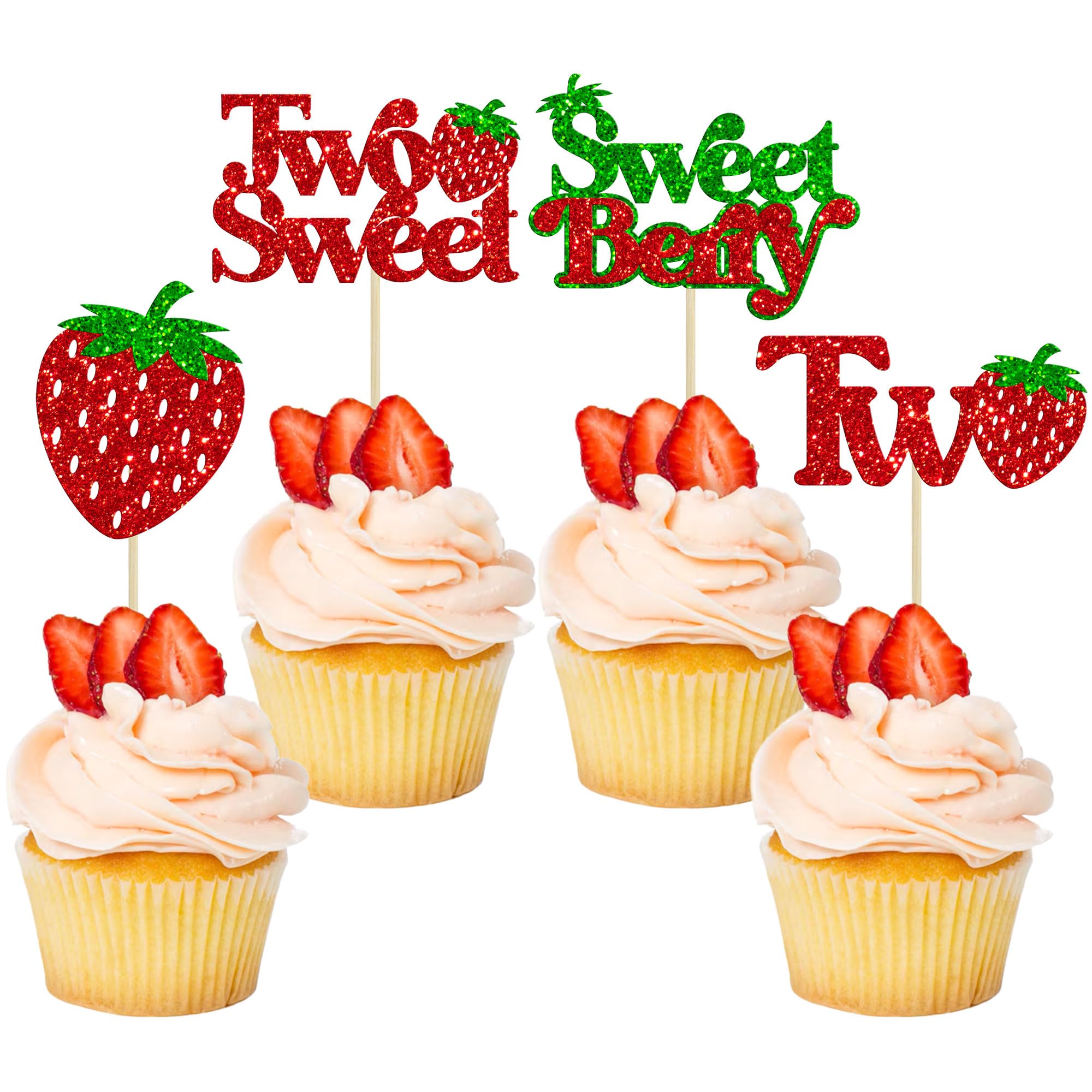 Amazon.com: Gyufise 24Pcs Strawberry Two Cupcake Toppers Glitter Sweet ...