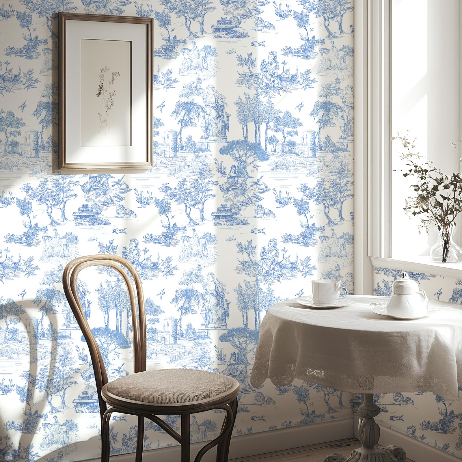 WENMER Toile Wallpaper, 17.7" X 118" Blue and White Peel and Stick ...