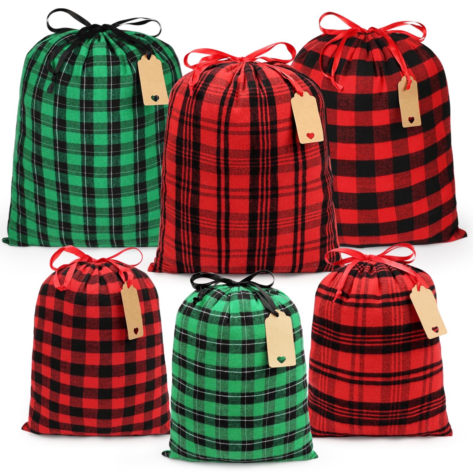 Shintop Fabric Christmas Gift Bags Drawstring, 6pcs Buffalo Plaid ...