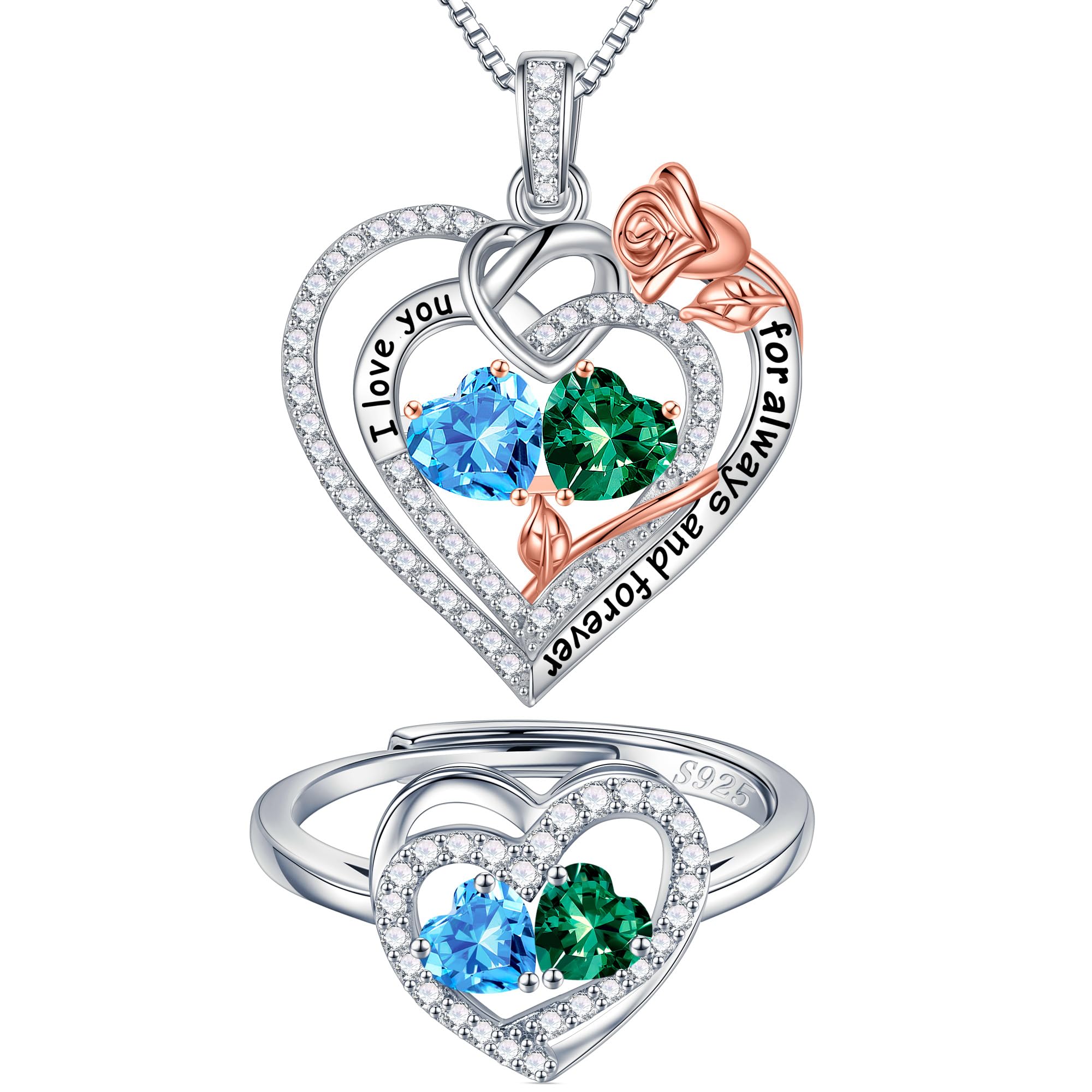 Amazon.com: Iefil Double Birthstone Ring and Double Birthstone Necklace ...