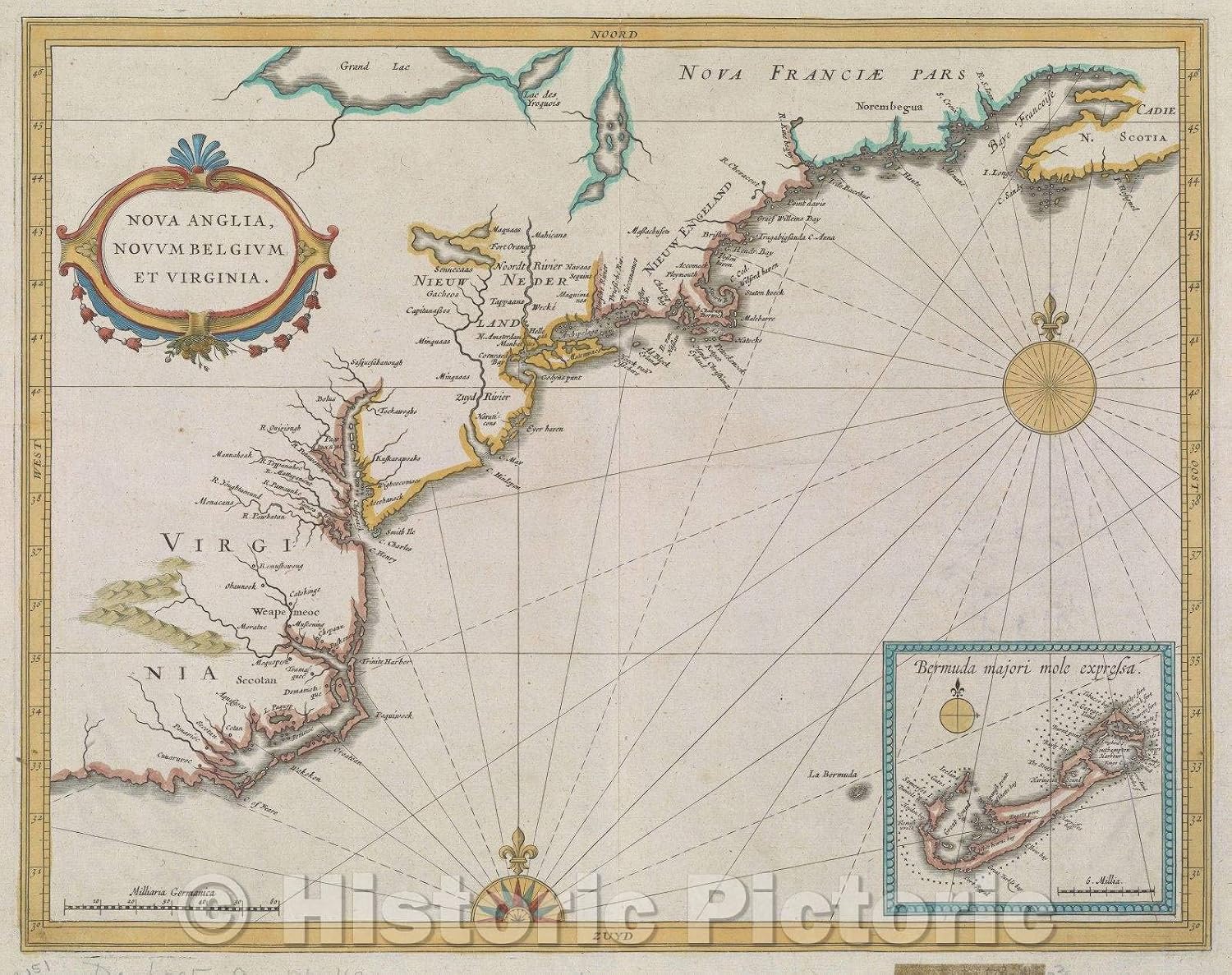 Amazon.com: Historic Map - Nova Anglia, Novum Belgium et Virginia, 1630 ...