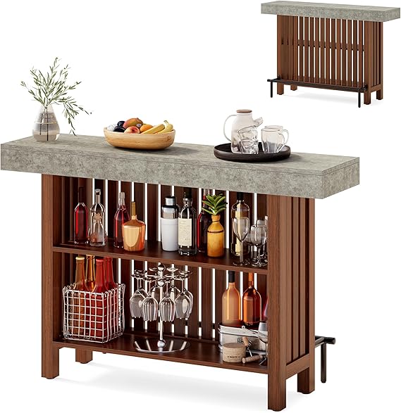 Amazon.com: LITTLE TREE 63-Inch Home Bar Table, 2-Tier Storage Shelf ...