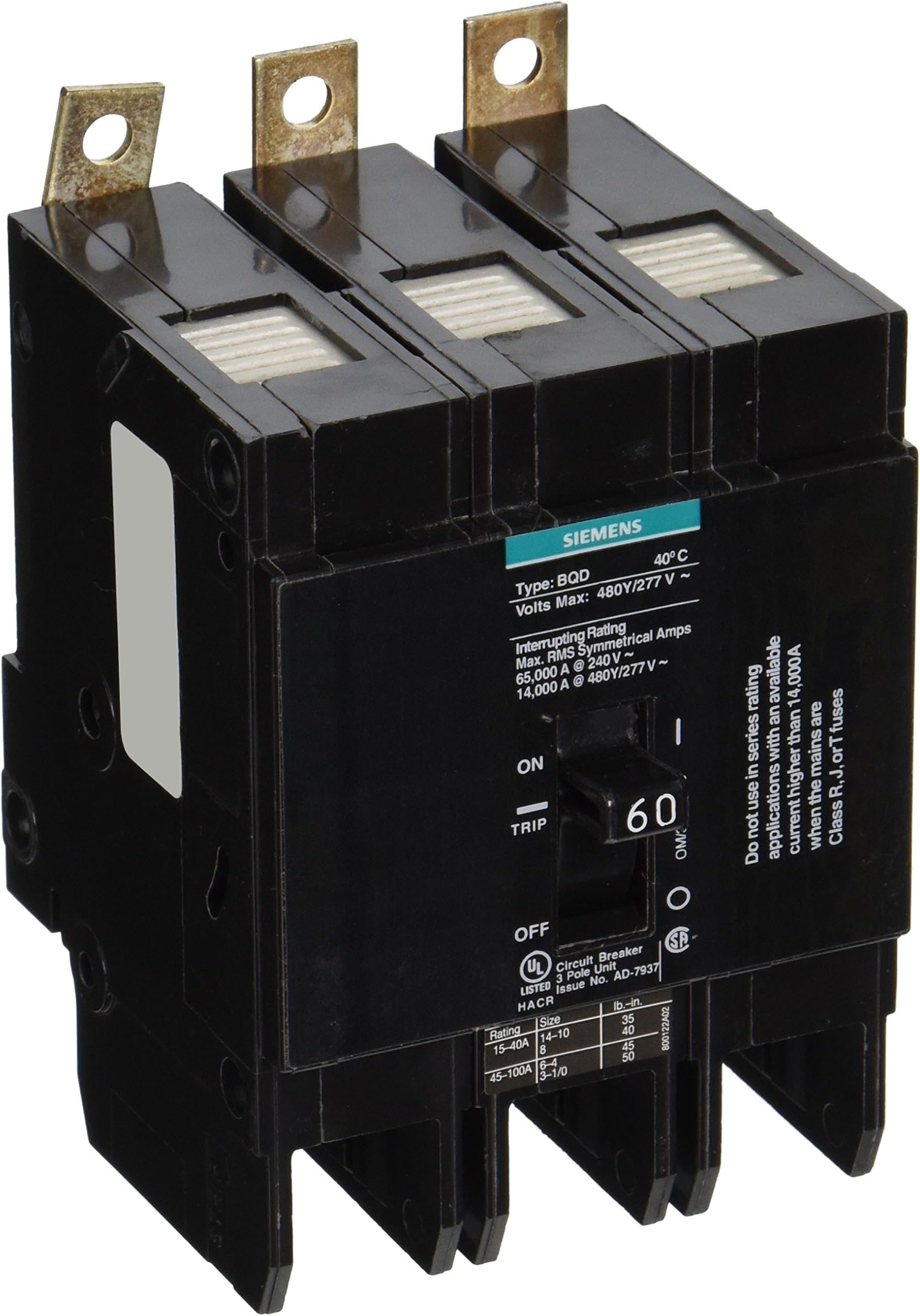 Siemens BQD330 30-Amp Three Pole 480Y/277V AC 14KAIC Bolt in Breaker ...
