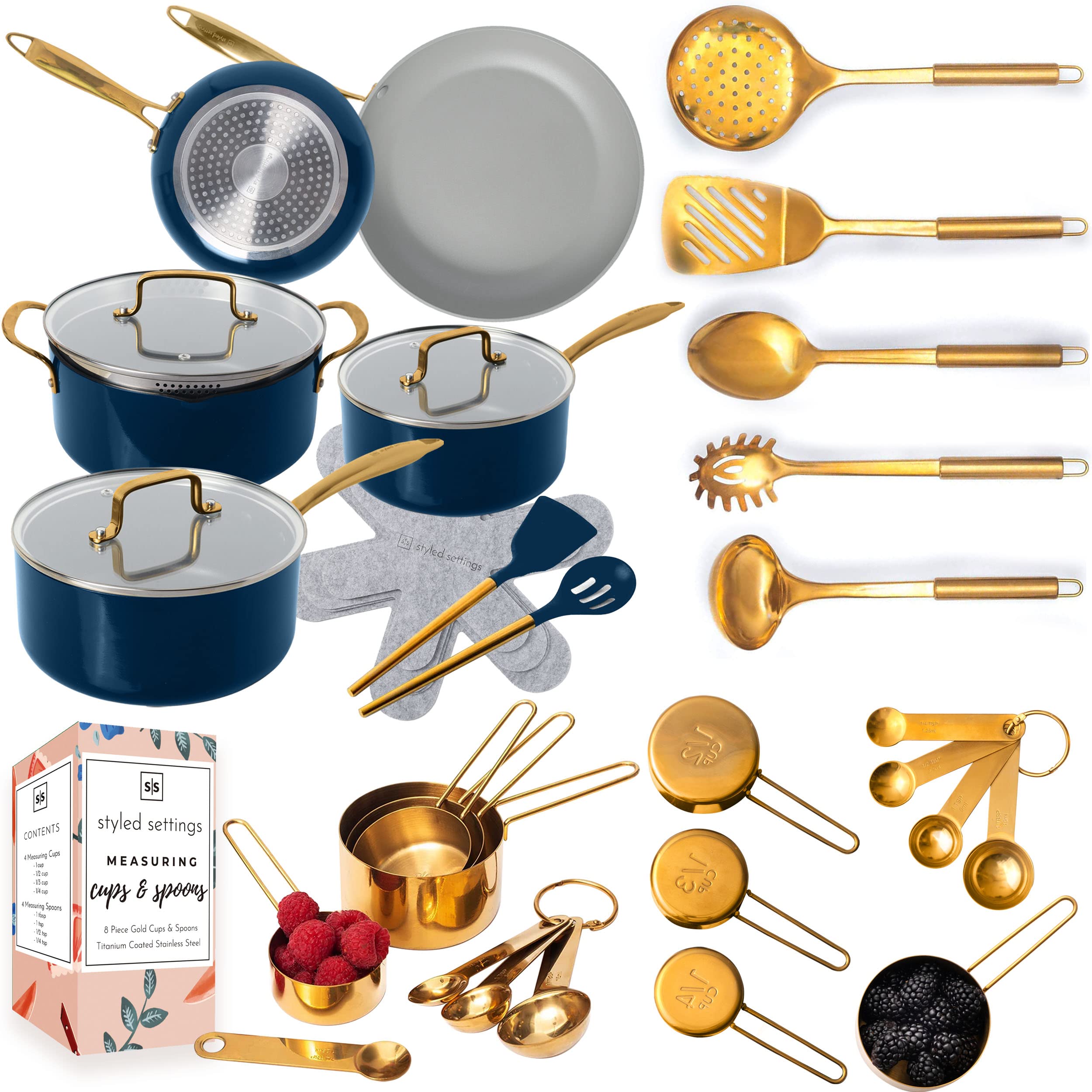 Amazon.com: Blue Pots and Pans Set Nonstick with Gold Cooking Utensils ...