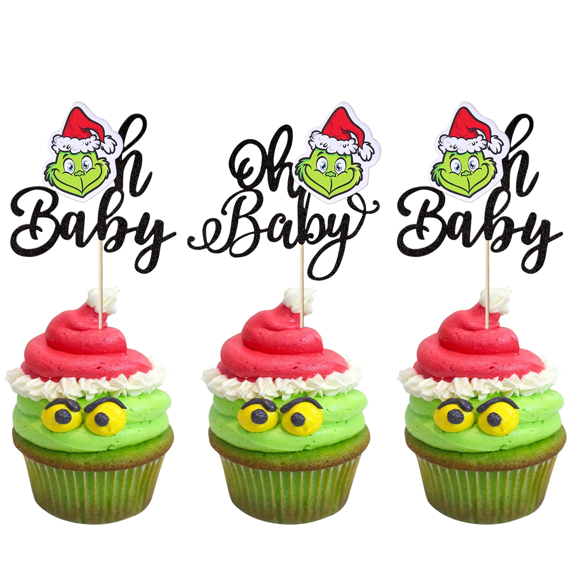Amazon.com: 24 Pack Grinch Christmas Oh Baby Cupcake Toppers Glitter ...