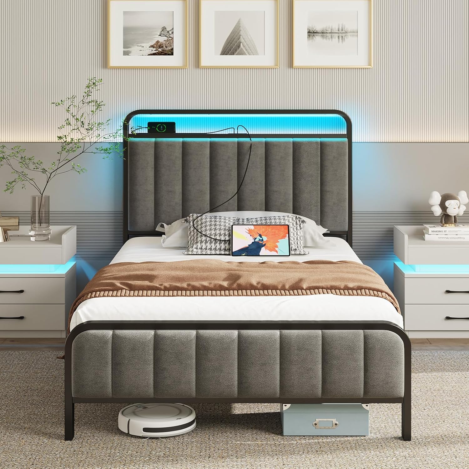 Amazon.com: Rolanstar Twin Size Bed Frame with LED Light and Charging ...