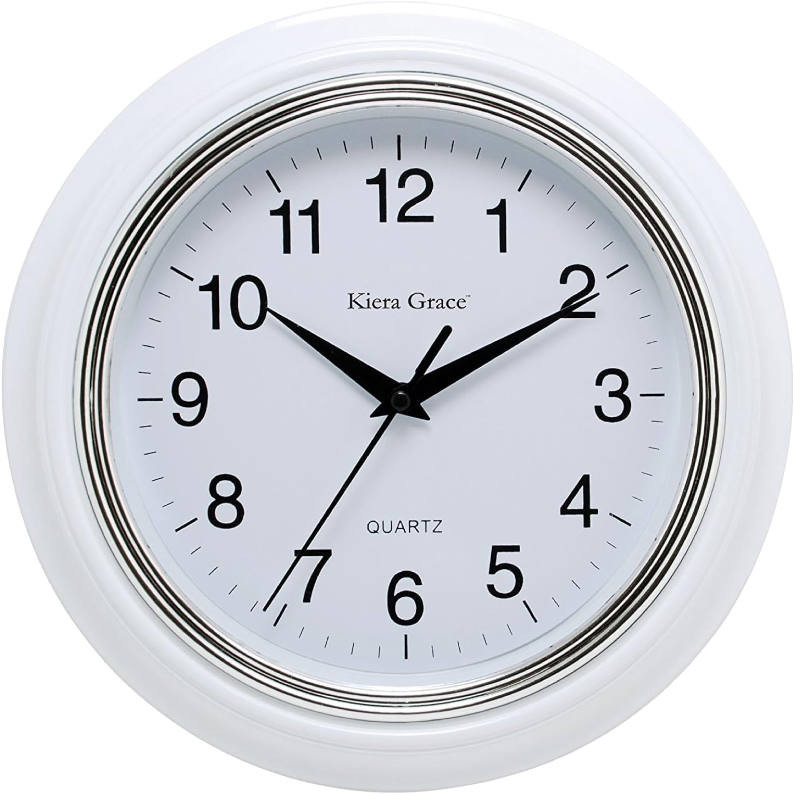 Kiera Grace Wall Clock, 10 Inch, Aster White with Silver Rim Modern ...