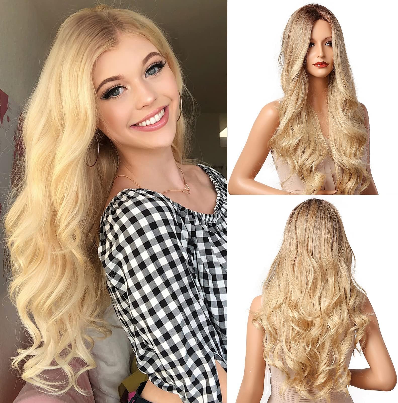 Amazon.com : NAYOO Long Blonde Wig for Women - 26'' Blonde Wavy Wig with Dark Roots, Natural ...