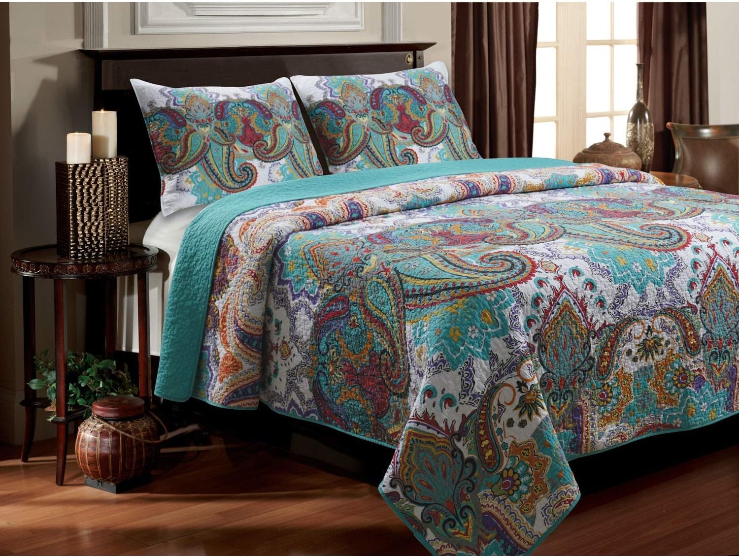 Amazon.com: Twin Size 3-Piece Cotton Quilt Set in Teal Multi-Color ...