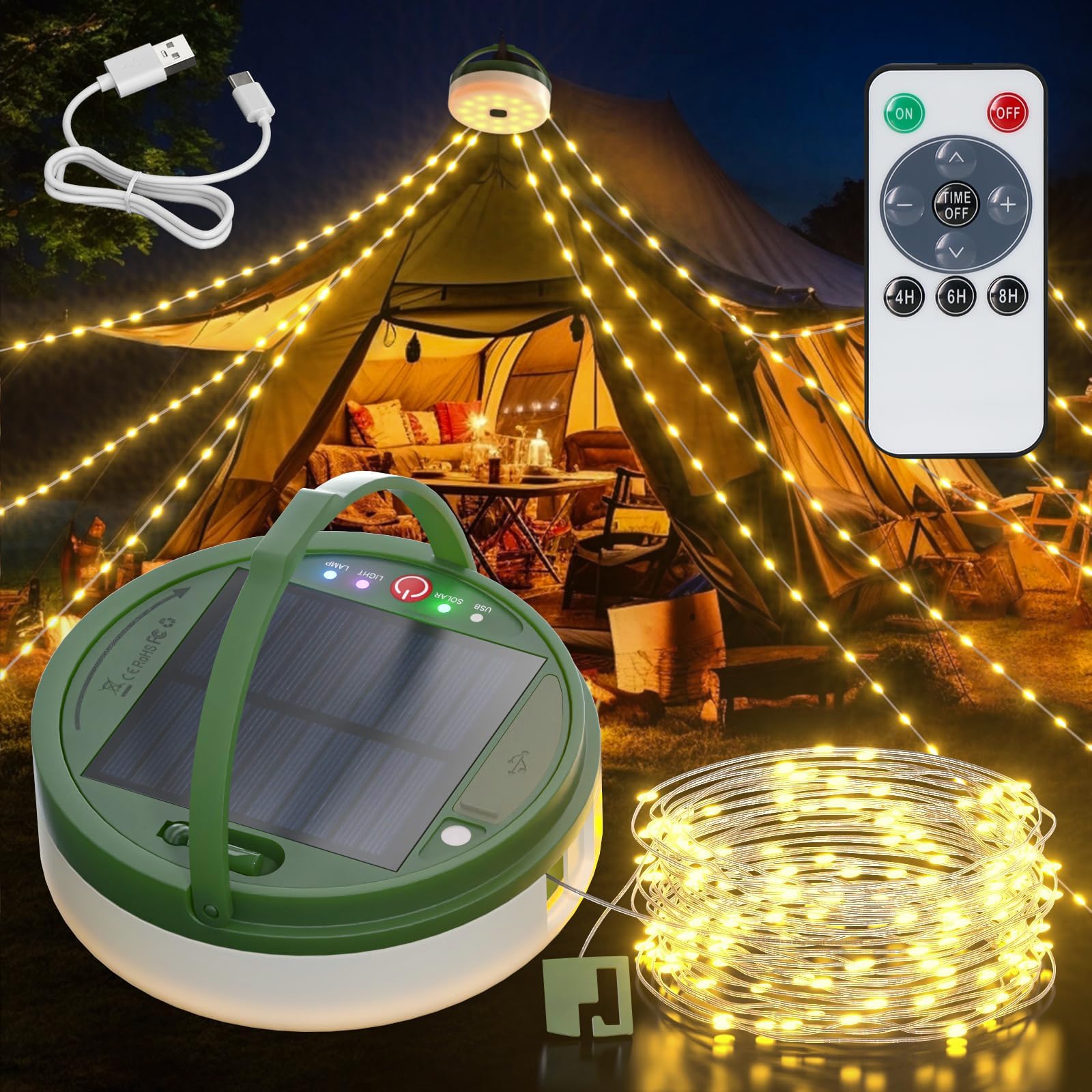 Amazon.com: PChero Solar String Lights for Outside Camping, 4 in 1 USB ...