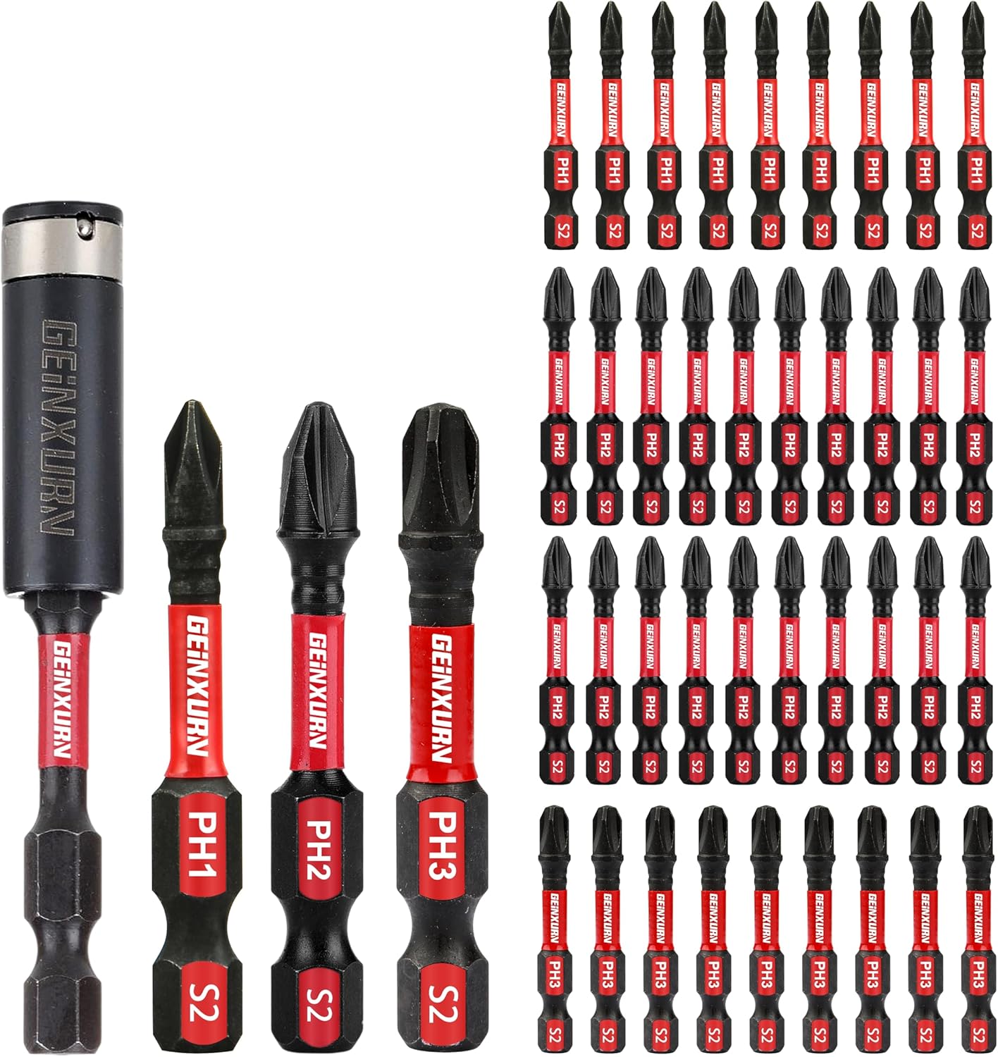 GEINXURN Anti-slip Hex Impact Tough Magnetic Screwdriver Bits Set 2 in. PH1/PH2/PH3 Insert ...