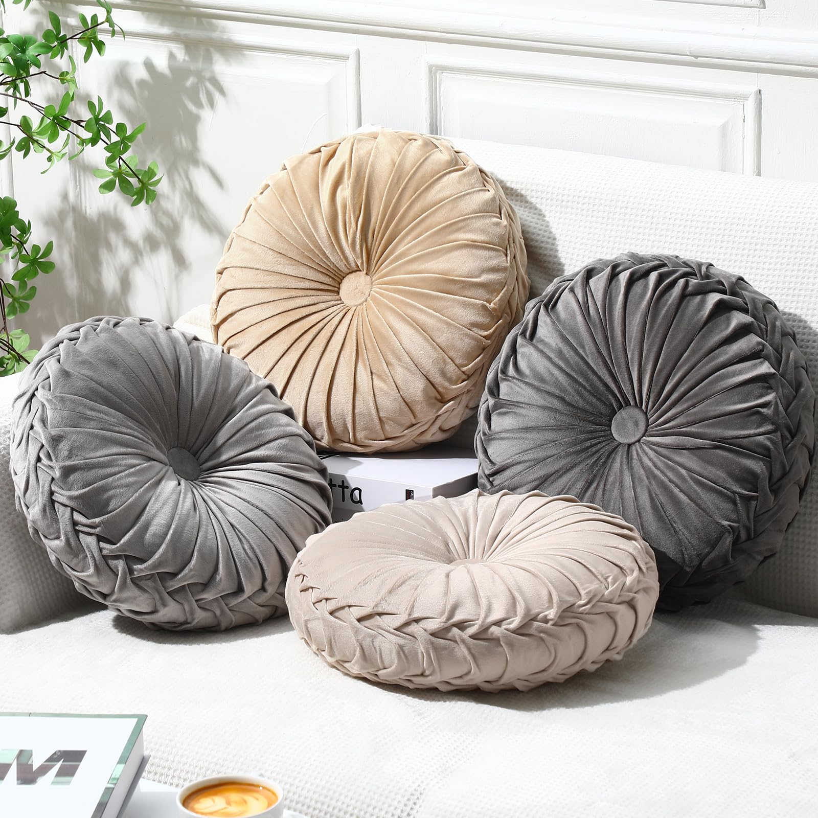 Amazon.com: Kathfly 4 Count Round Throw Pillow Velvet Pleated 3D ...