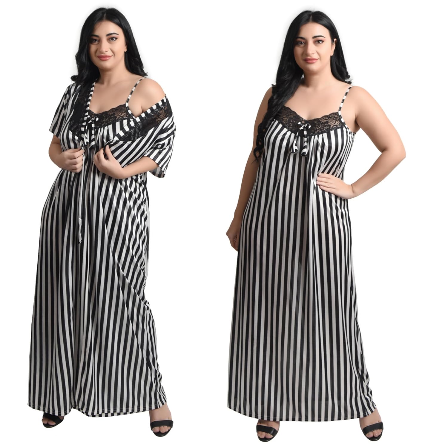 Buy Embrave Women’s Strip Black Maxi Nighties Set for Sleepwear Robe ...