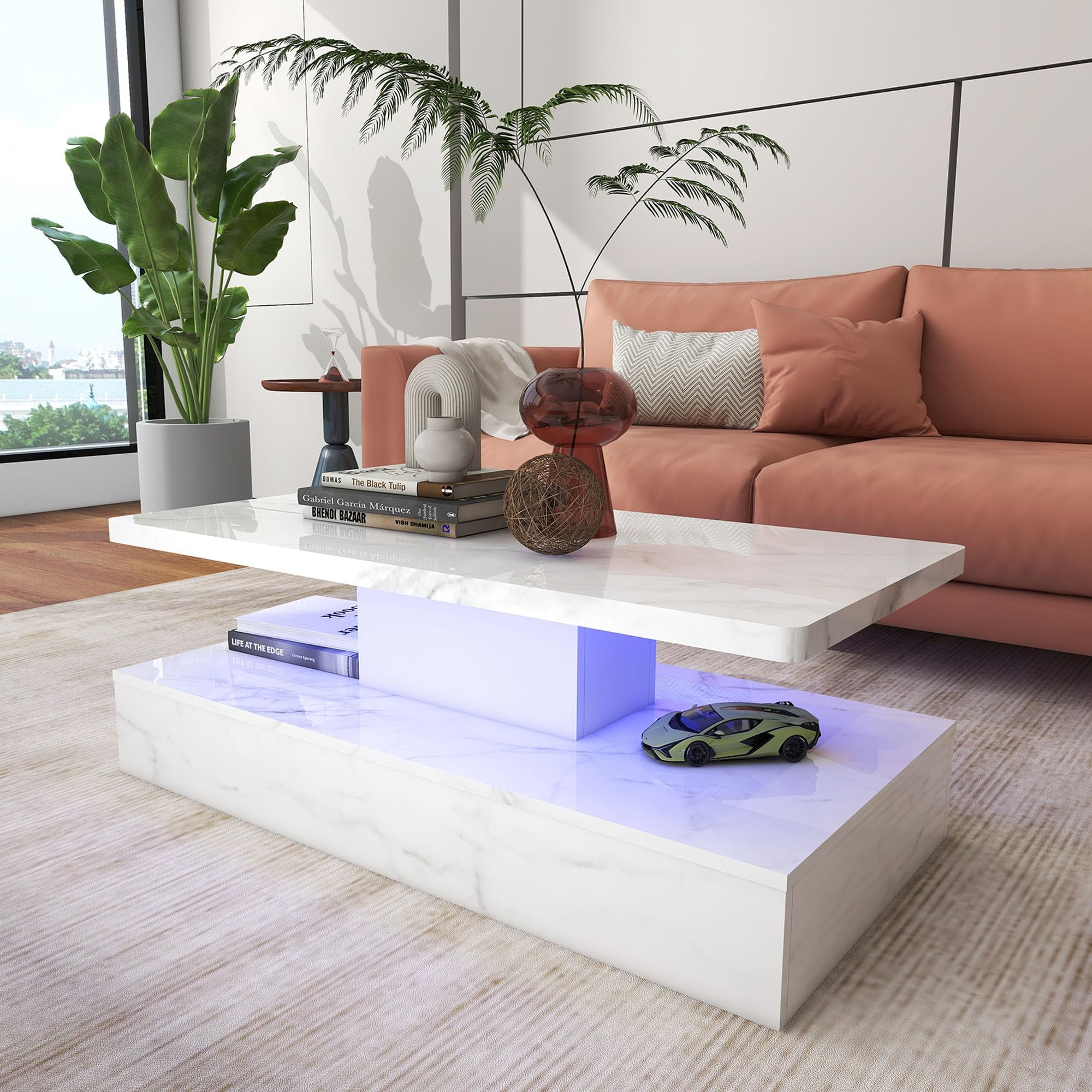 Amazon.com: LED Coffee Table Marble Coffee Table with High Gloss ...
