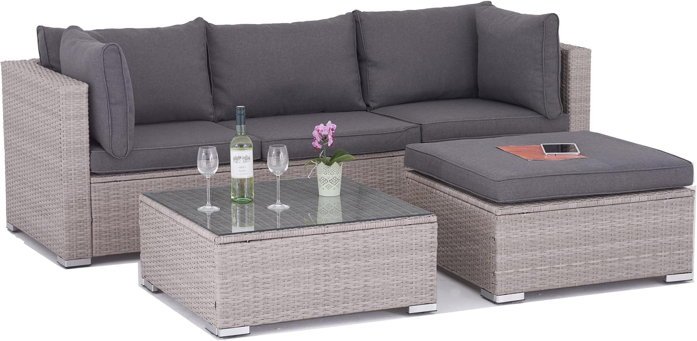 Outsunny 3 TLG. Rattan Gartenmöbel-Set, Sitzgruppe mit Kissen ...